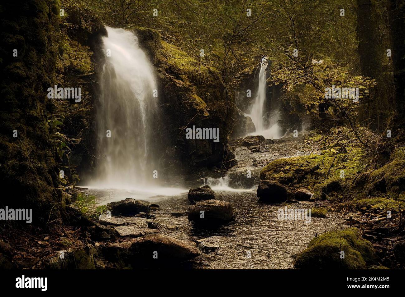 A silk effect water flowing down a rocky cascade in a forest Stock ...