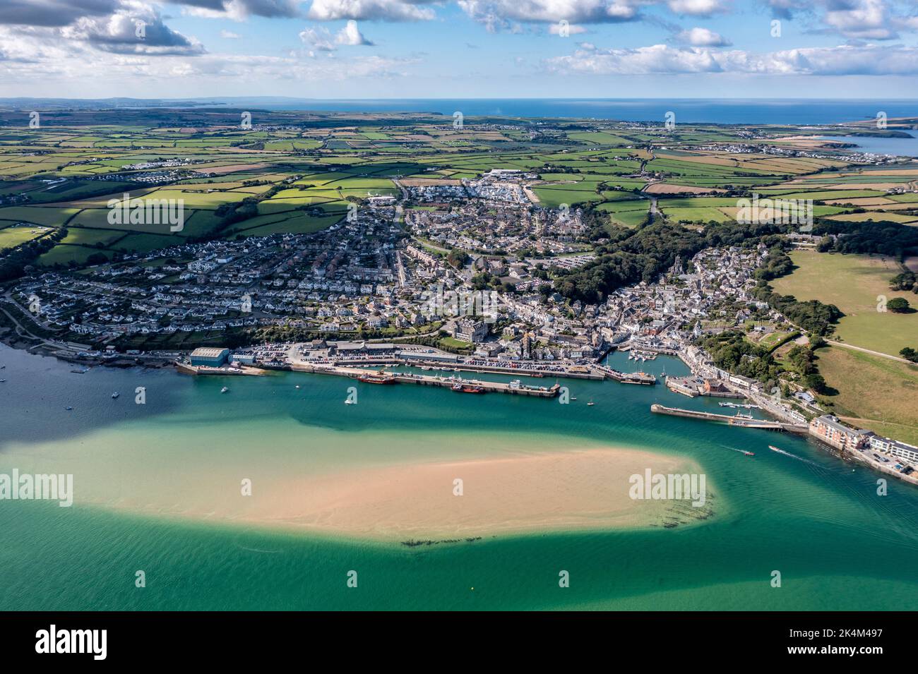Aerial view of the town and beach of Padstow on The Camel Estuary in ...
