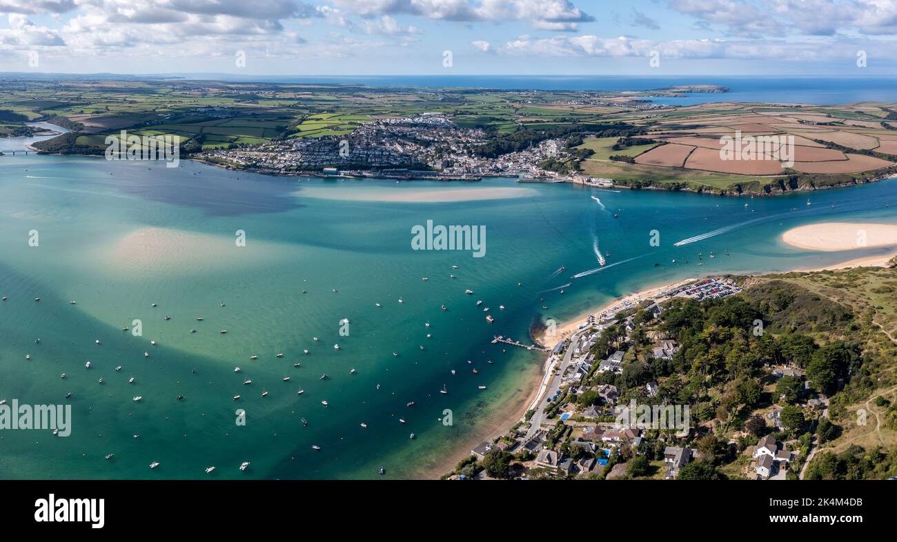 Aerial panorama view of the town and beach of Padstow from Rock on The ...