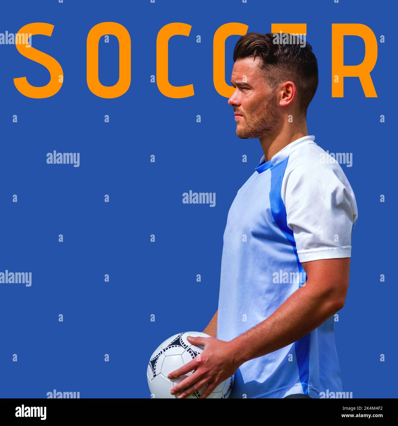 Square image of multiplied soccer and profile of caucasian male player ...