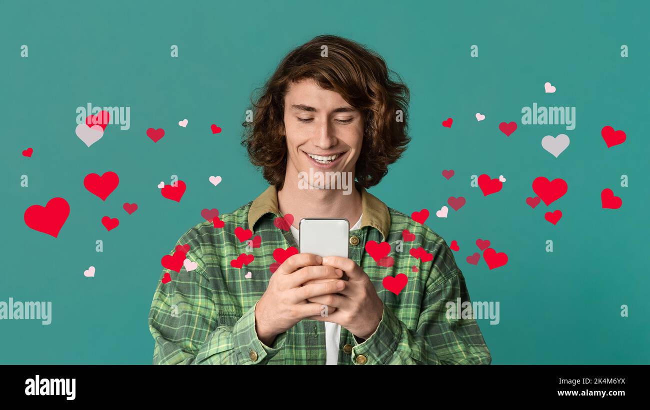 Online communication. Cool millennial guy using smartphone, collage ...