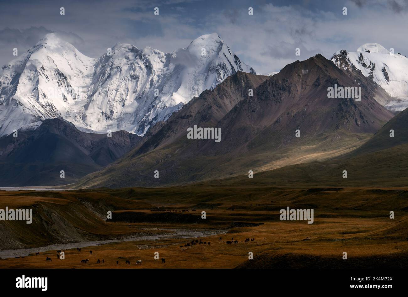 Dramatic snow-capped 5000+ metre tall peaks of Tien Shan mountains in ...