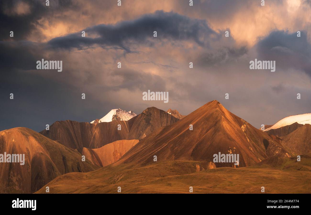 Dramatic peaks of Tien Shan mountains in remote Sary Jaz valley during ...