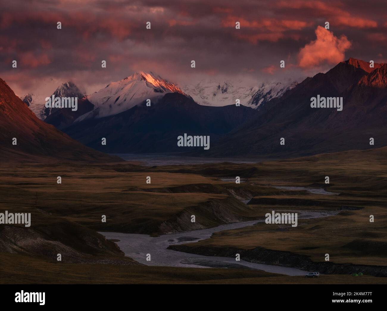 Dramatic peaks of Tien Shan mountains in remote Sary Jaz valley during ...