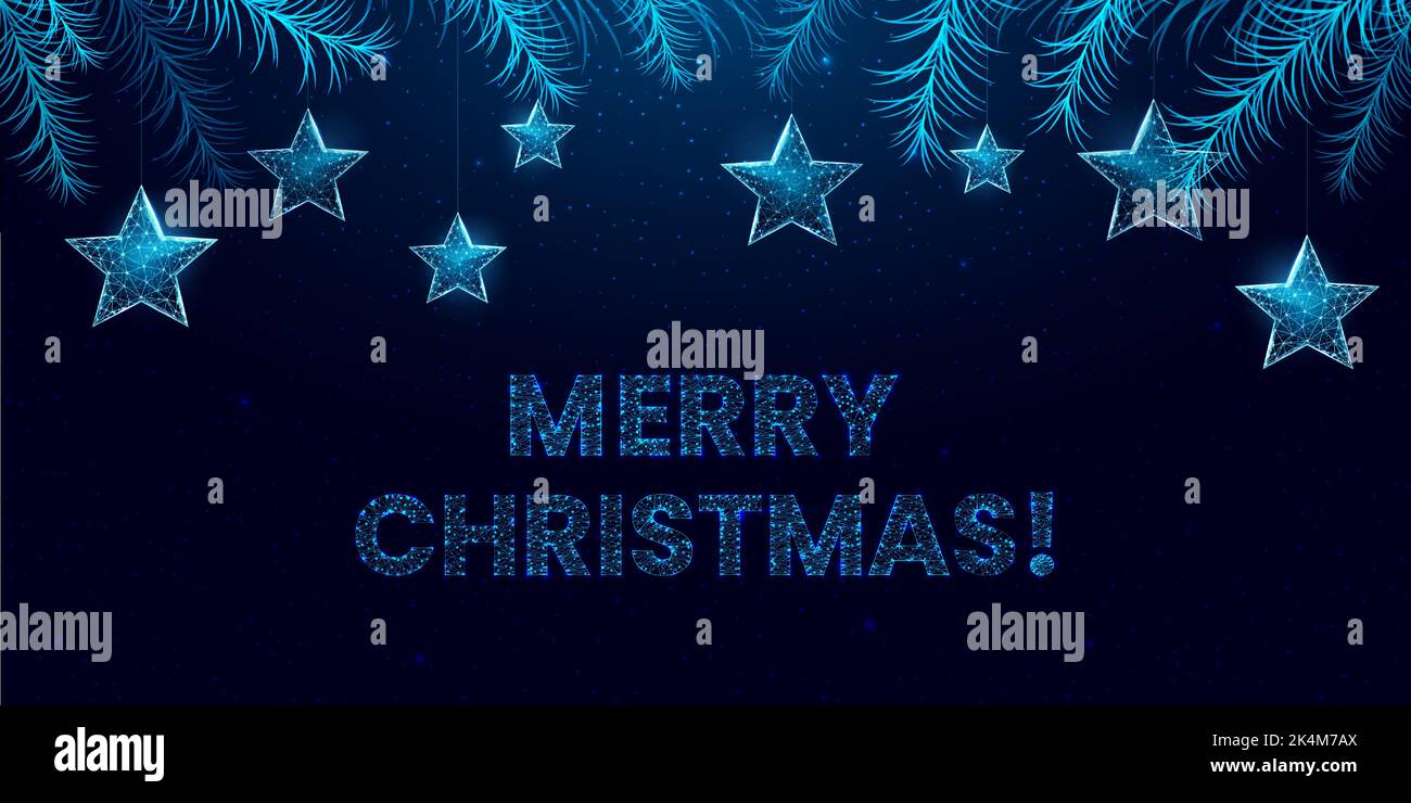 Wireframe Christmas stars and Christmas tree branches, low poly style ...