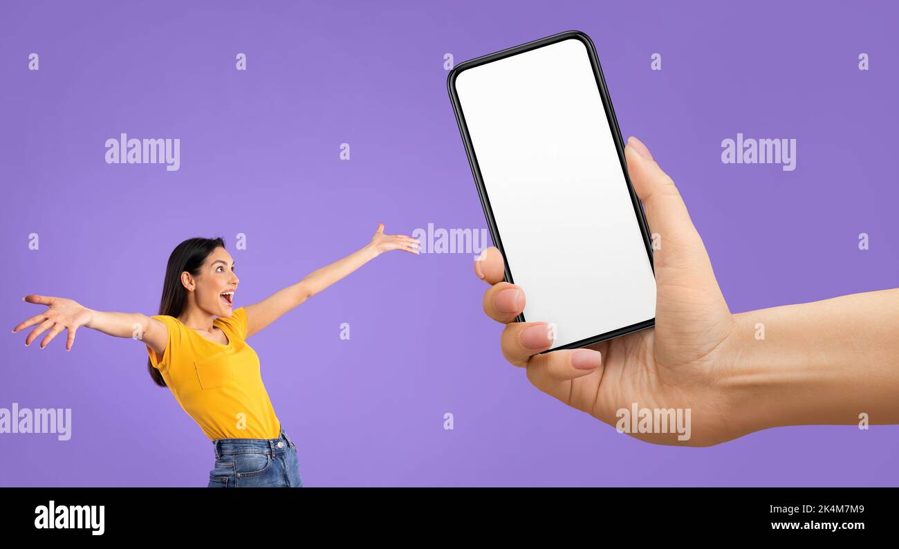Shocked Glad Excited Millennial Caucasian Lady With Open Mouth Spreads