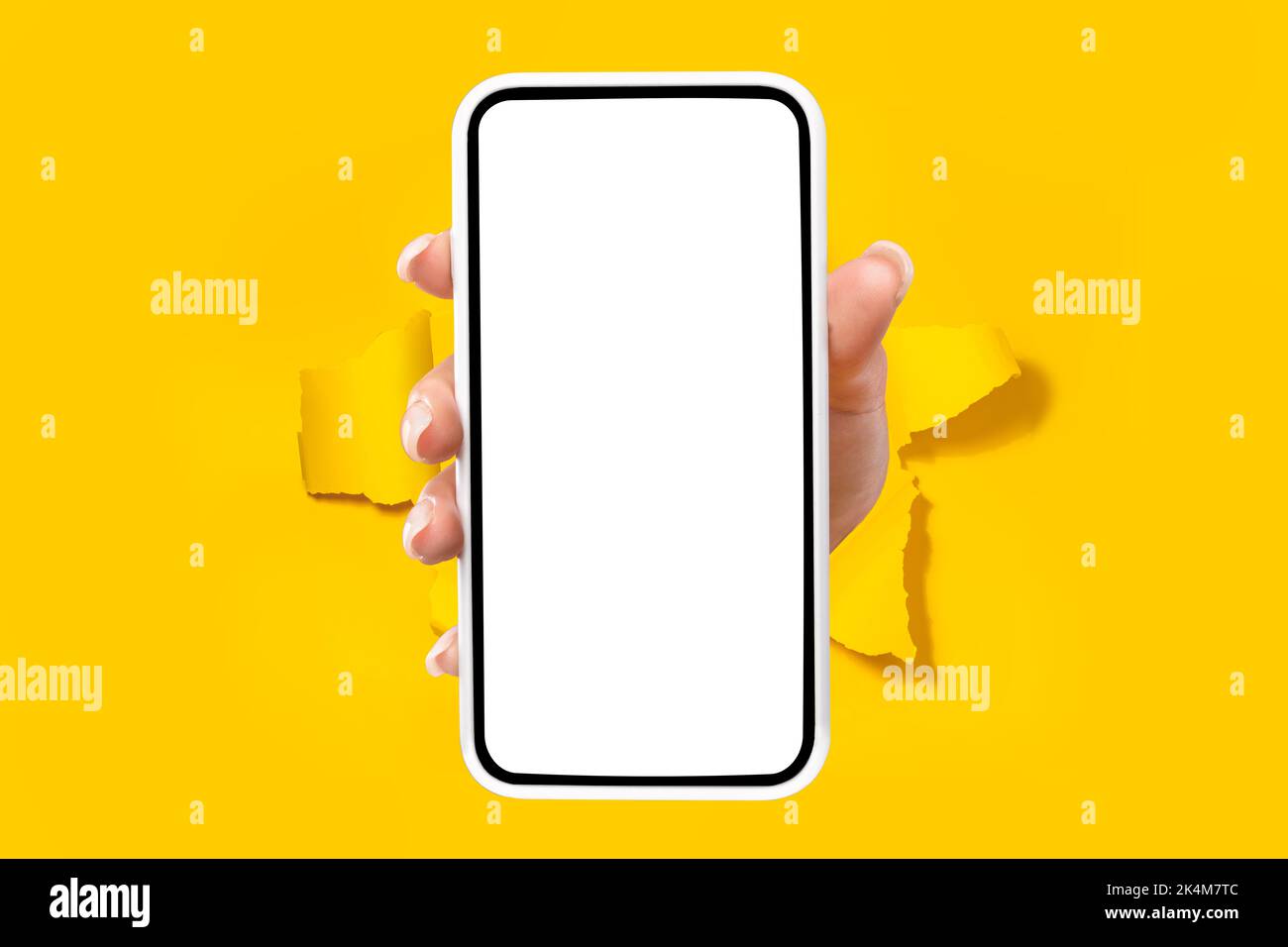 Mobile app promo. Female hand holding cellphone with empty screen ...