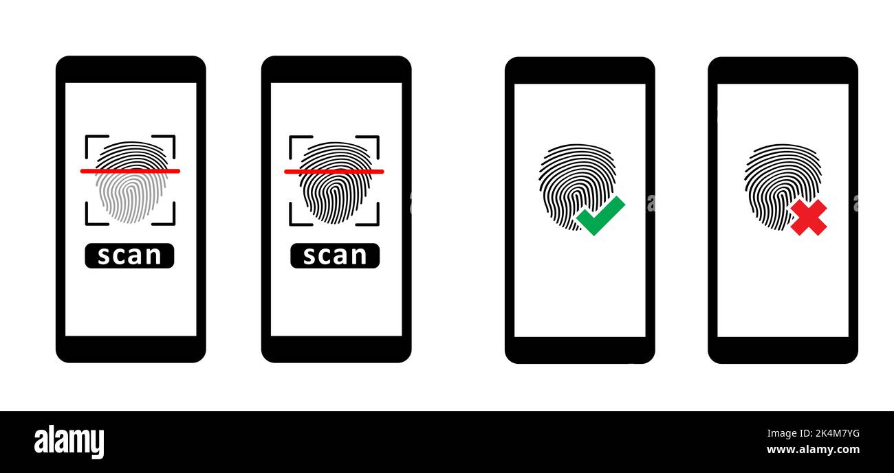 Right, wrong or lock, unlock. People fingerprint or finger print pictogram. Personal touch id ...