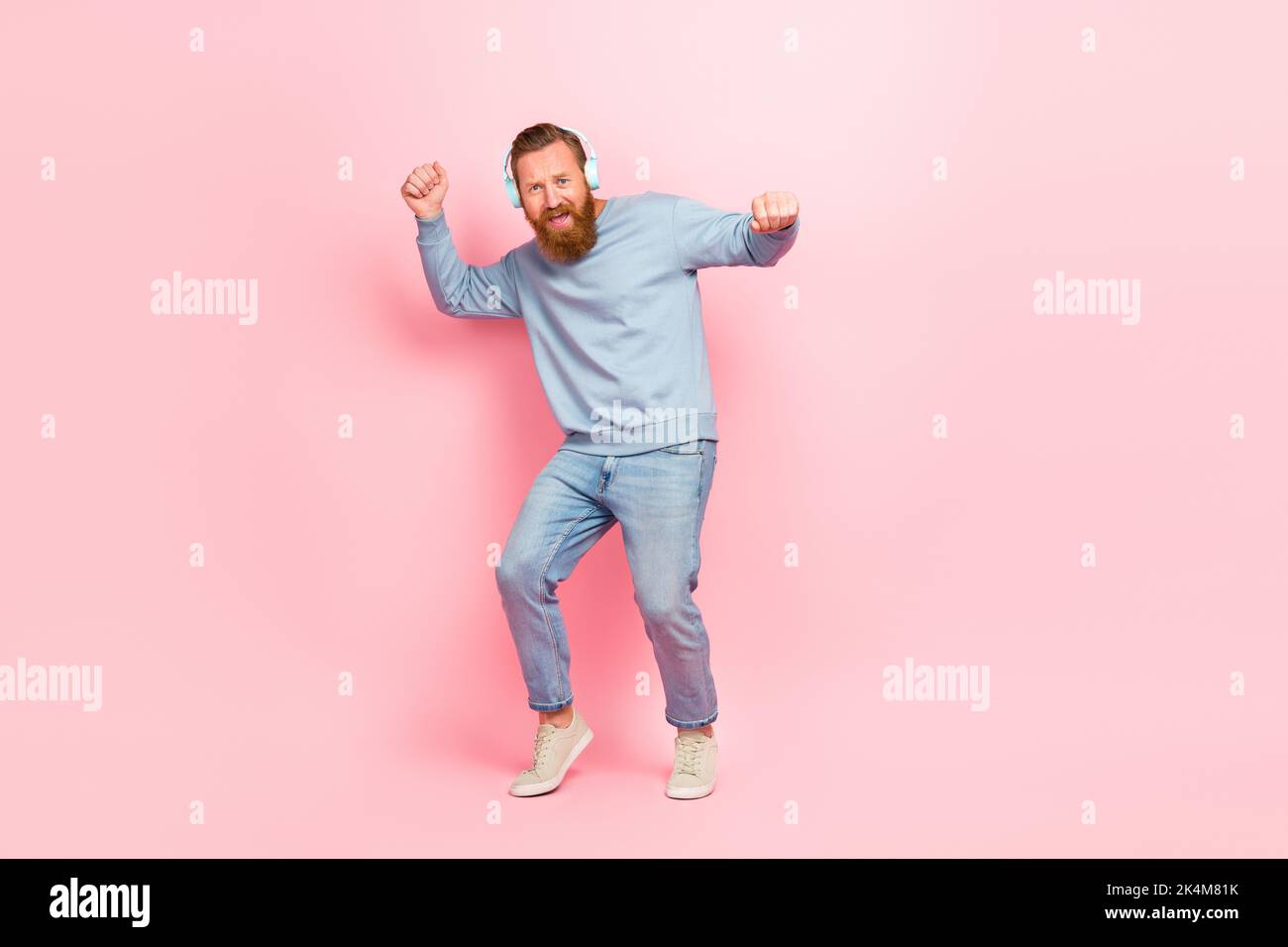 Full size photo of overjoyed cheerful person enjoy dancing new song ...