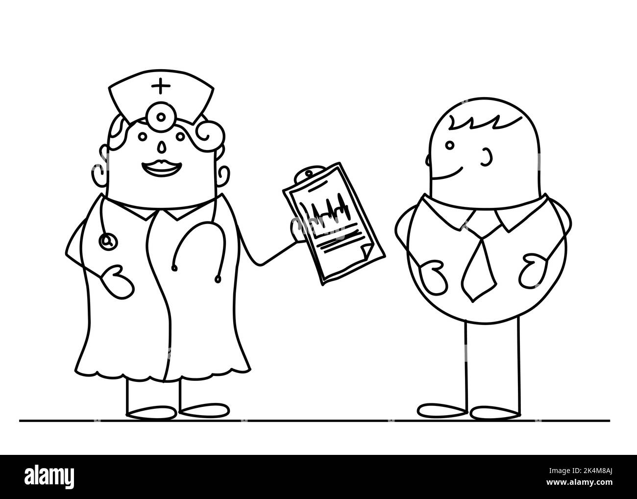 Hand drawn Cartoon female doctor in a lab coat holding a pad, with ...