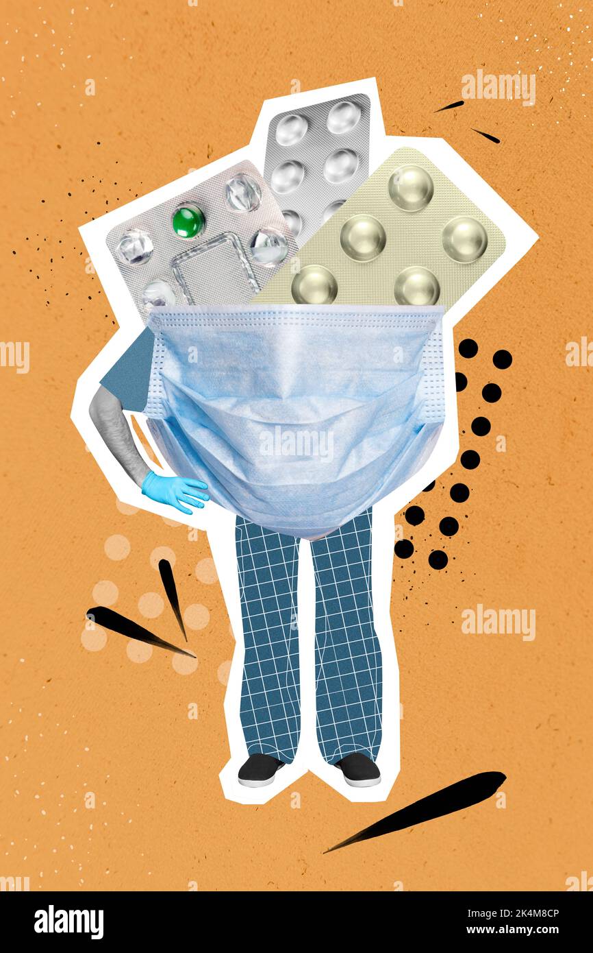 Creative drawing collage picture of doctor wear mask many tables pills ...