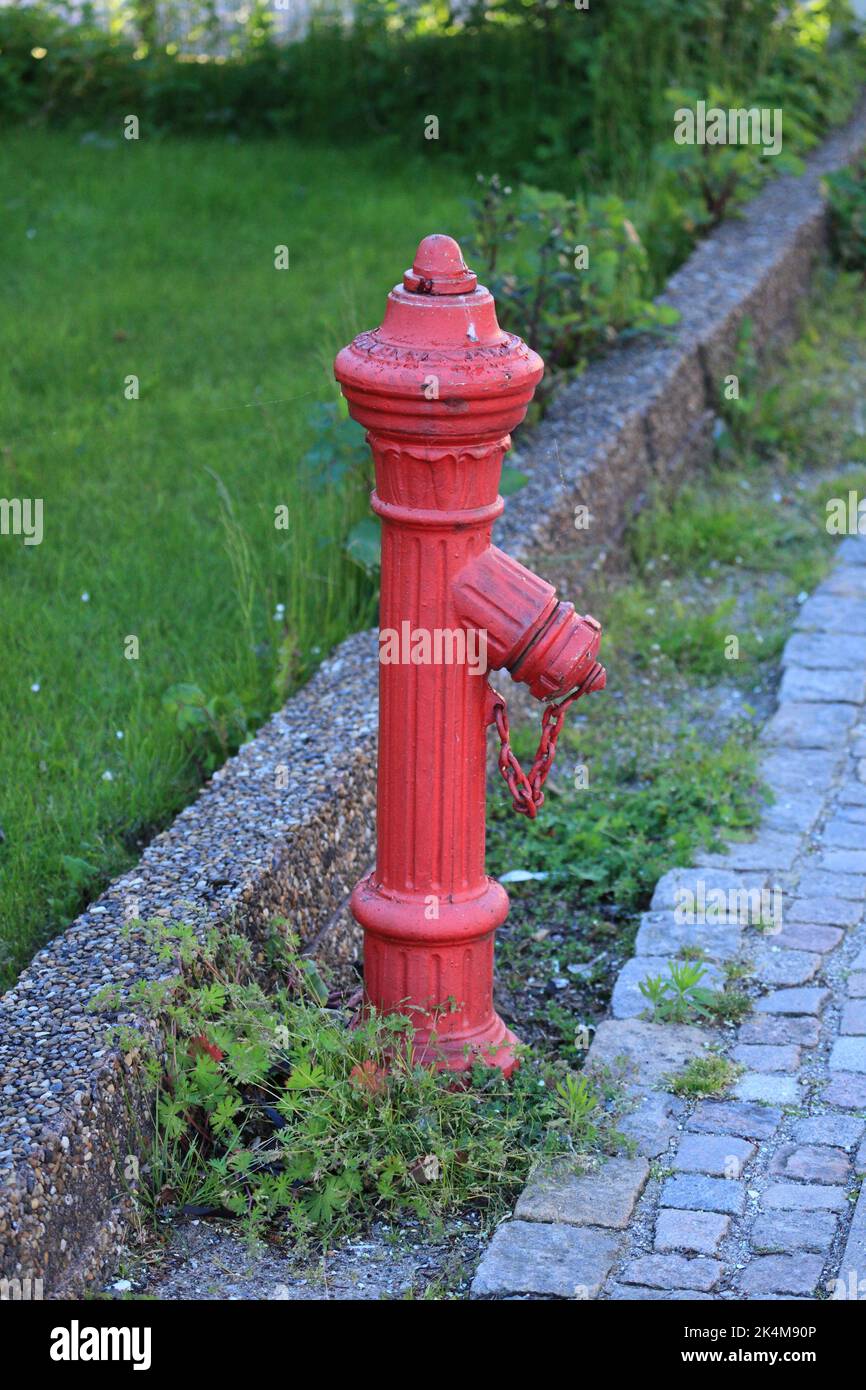 A vertical of a red fire hydrant standing on the grass Stock Photo - Alamy
