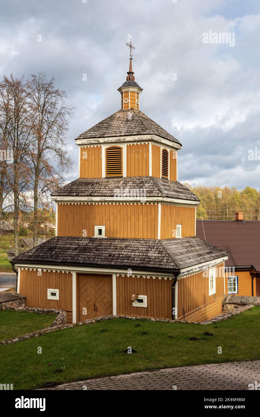 Wooden old Labanoras belfry or bell tower Lithuania, vertical Stock ...