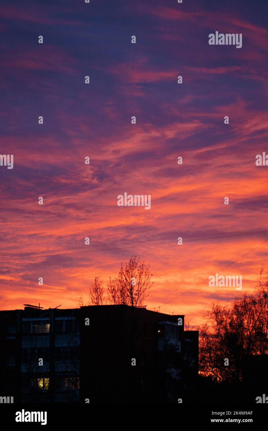 Beautiful red and purple sunset over the buildings in the city with ...