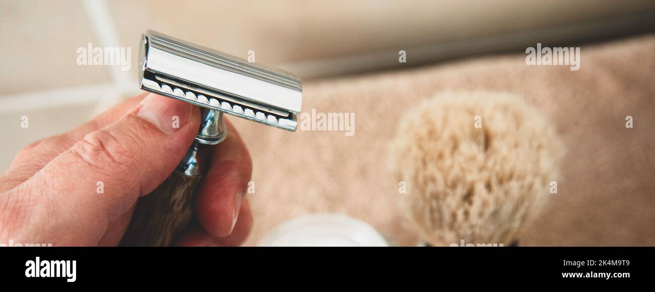 Horizontal banner or header with close-up of safety razor 50s style and ...