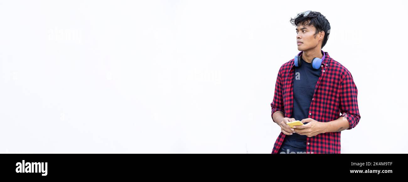 Horizontal banner or header with isolated young asiatic man using ...