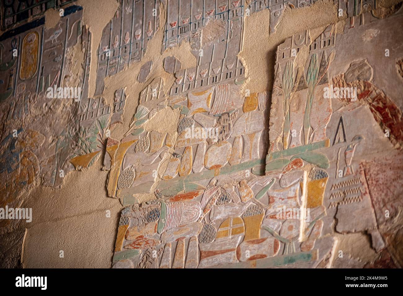 Beautiful mural, hieroglyphs inside the temple of Hatshepsut. Jeser ...