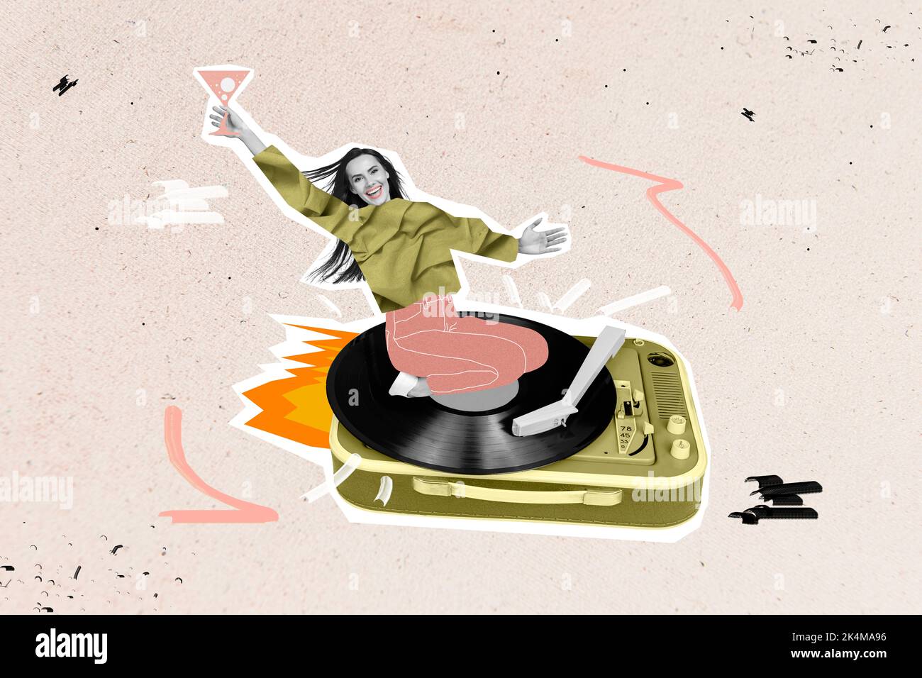 Creative abstract template collage of funny funky young woman riding ...