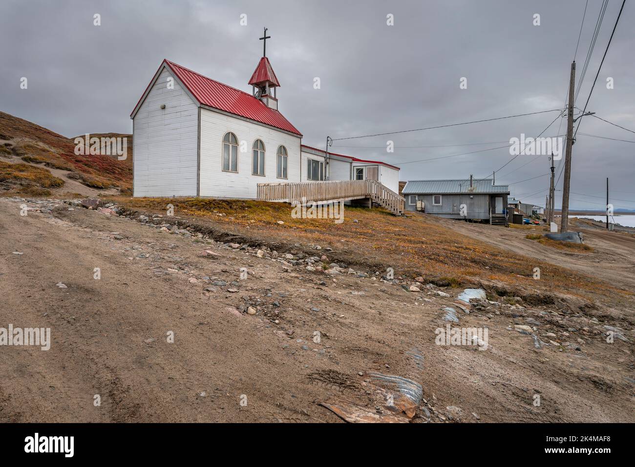 Exterior view of a historic church in the Arctic community of Pond ...