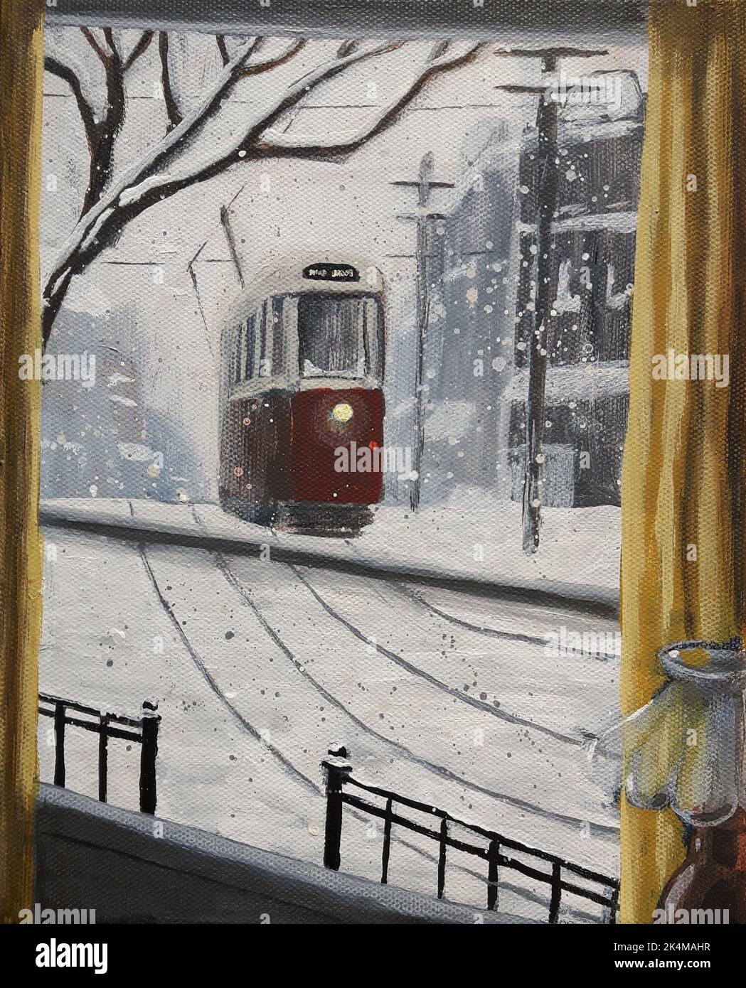 Vintage scene of a streetcar traversing a snowbound downtown area, as ...