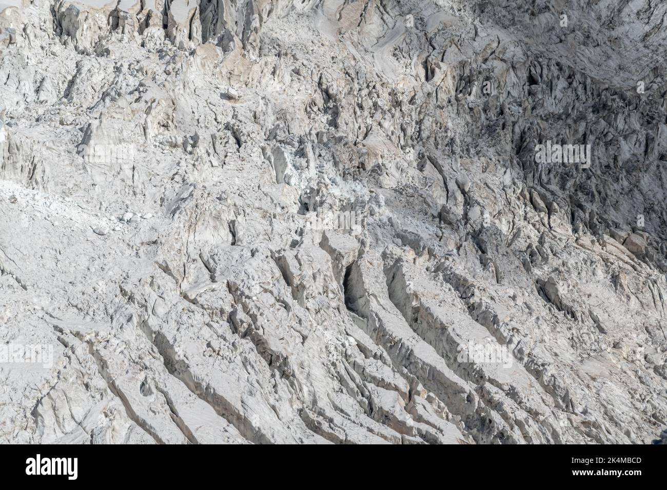 Detailed close-up of crevasse field in Mer de Glace glacier in summer ...