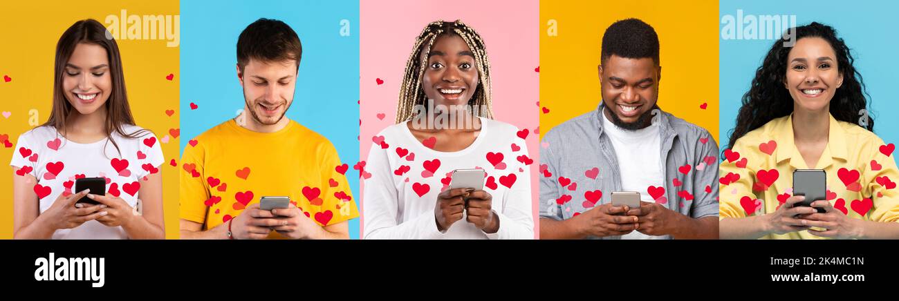 Emotional multicultural young people using cell phones, collage Stock ...
