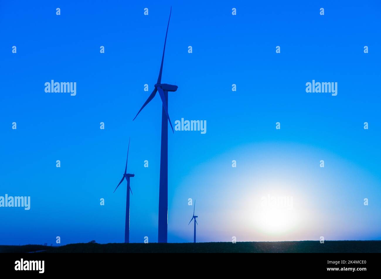 Silhouette of large wind turbine farm at sunset, Dexter, Minnesota, USA ...