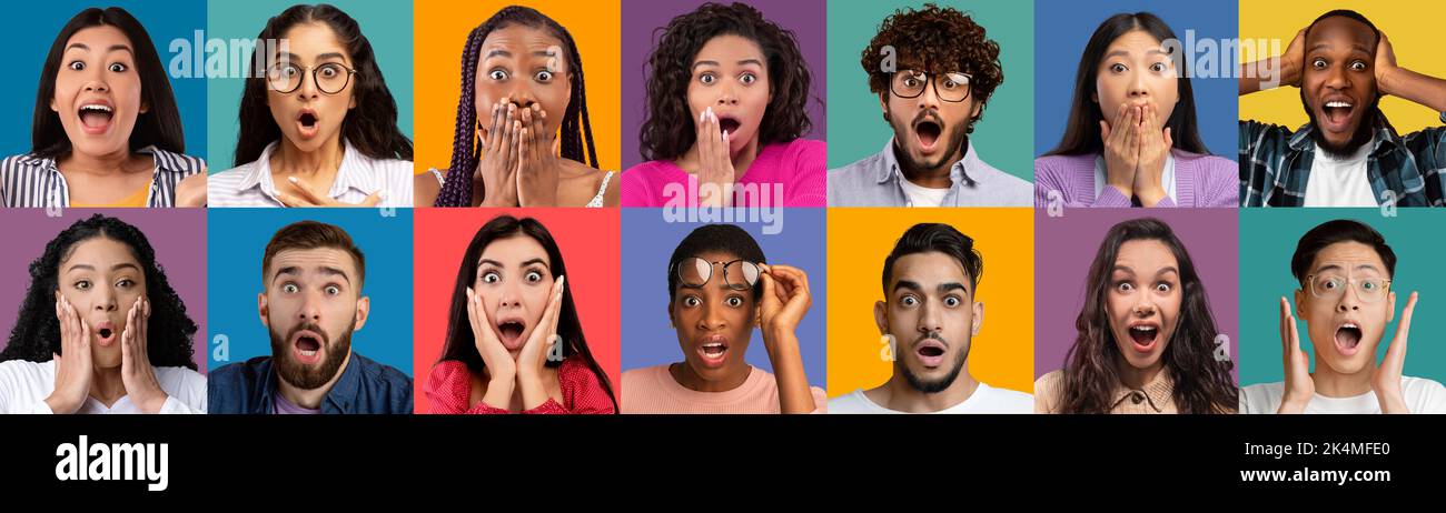 Attractive young multicultural people showing amazement, set of photos ...