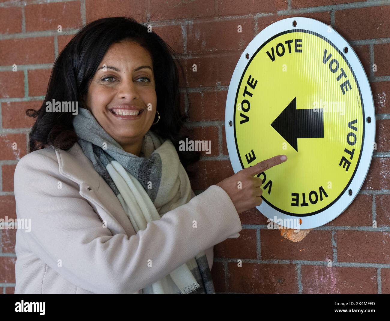 Quebec Liberal leader Dominique Anglade poses for photos after casting ...