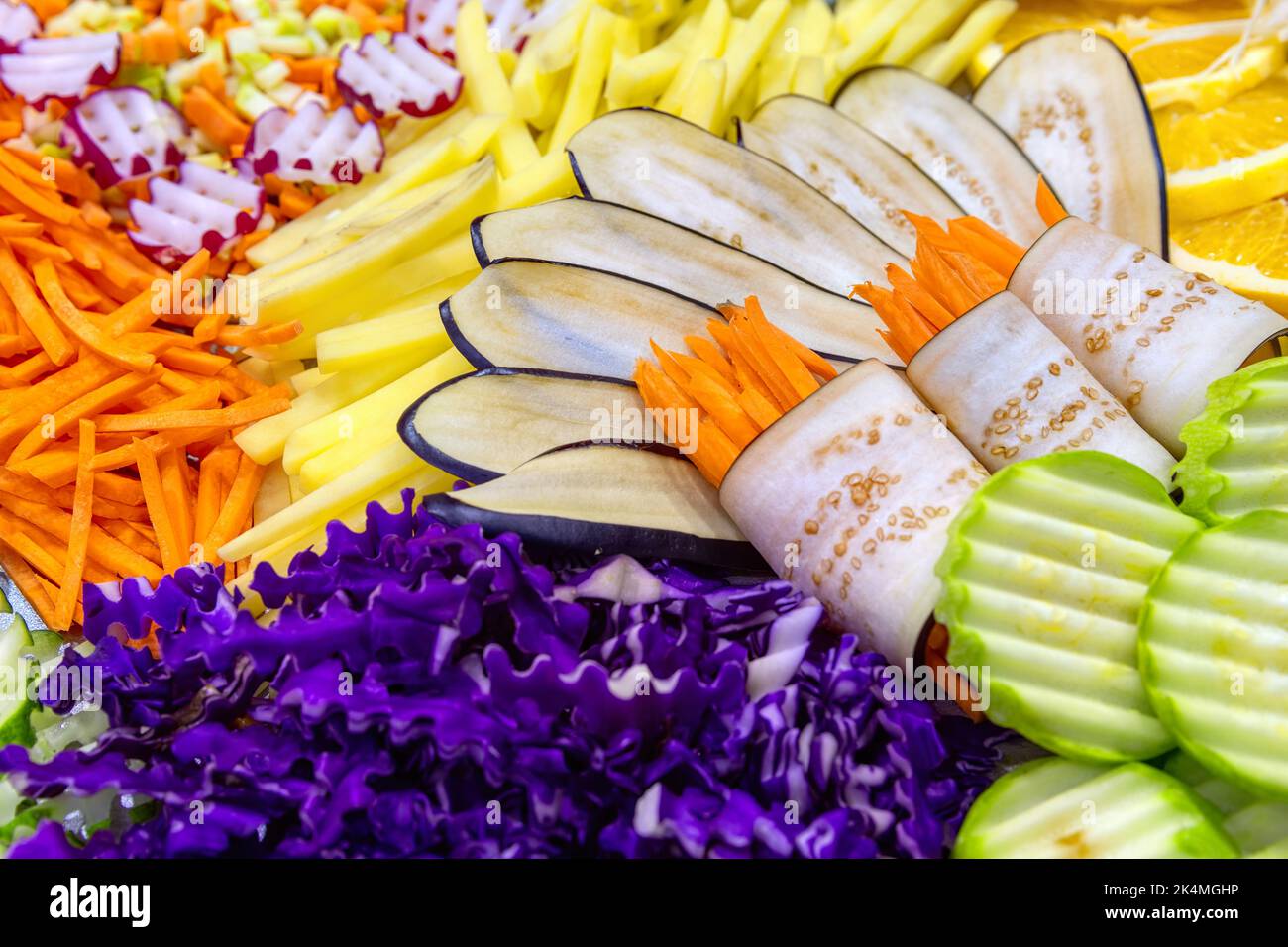 Fresh various grated vegetables as salad ingredients top view. Healthy ...