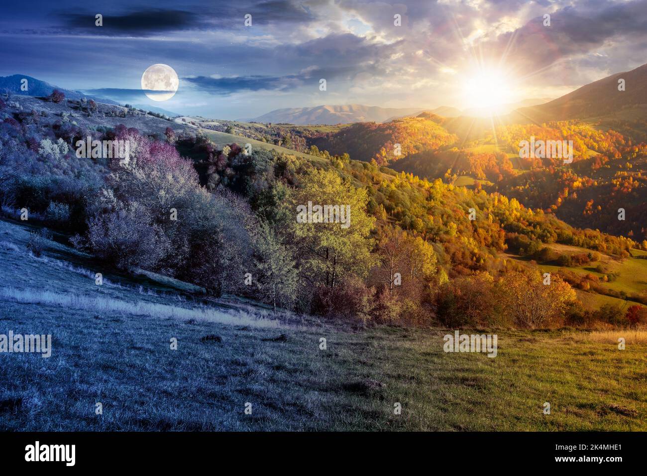 day and night time change in mountain landscape. beautiful conceptual ...