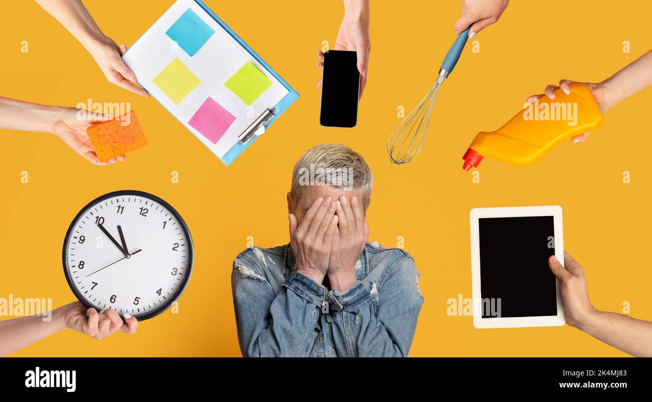 Overwhelmed mature woman having difficulties with time management Stock ...