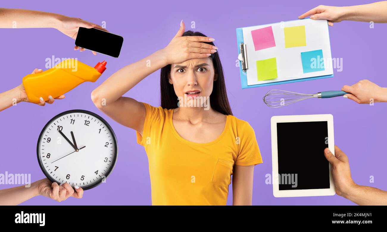 Overwhelmed young woman having difficulties with time management Stock ...