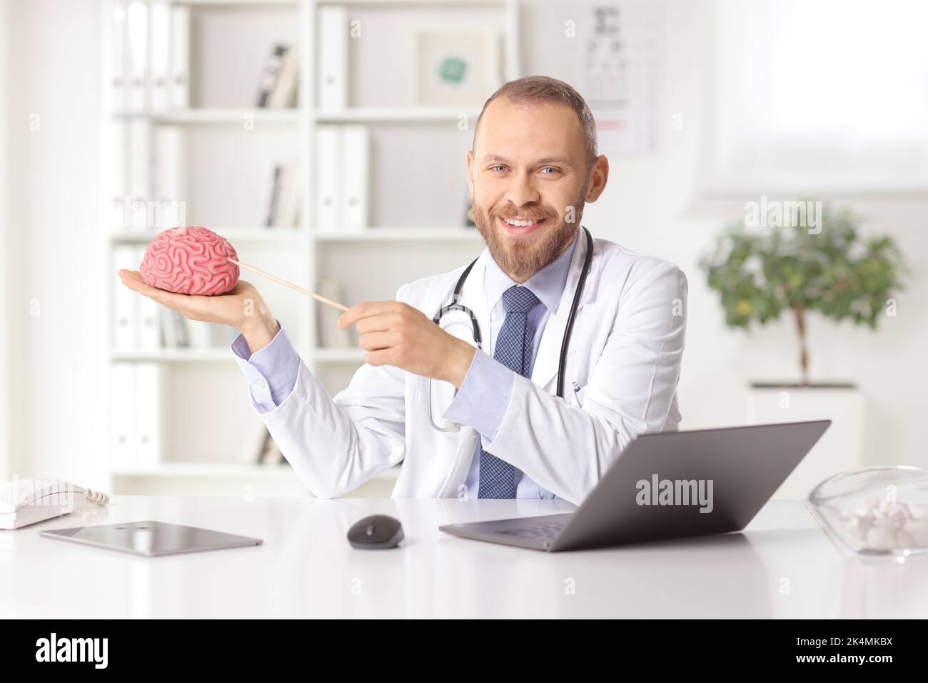 Young doctor neurologist sitting in an office and pointing at a human ...