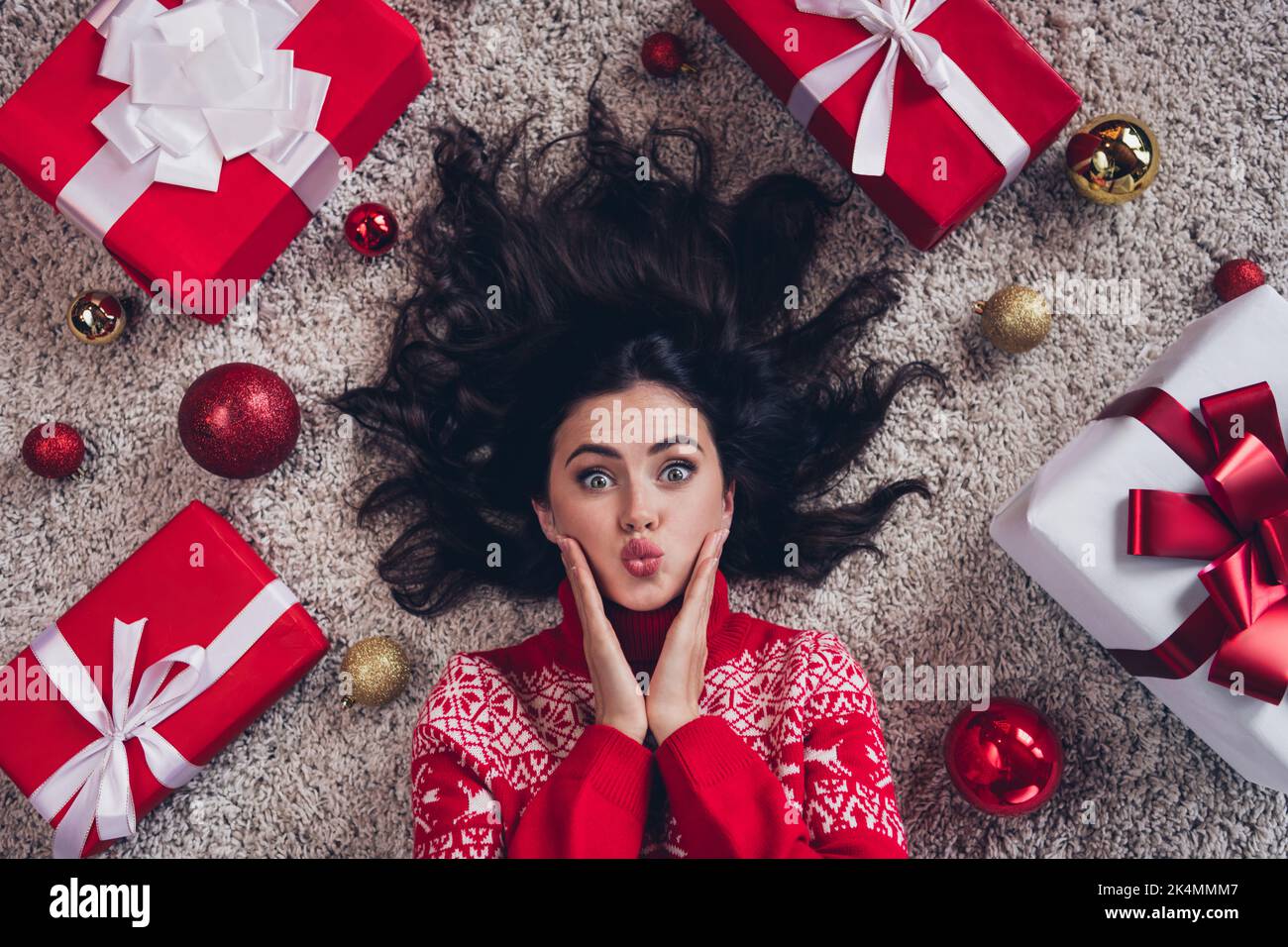 Above view photo of attractive funny lady laying floor pouted lips arms ...