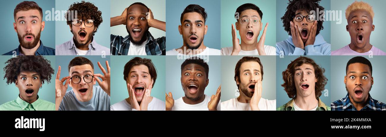 Young multicultural men showing amazement, collection of photos Stock ...