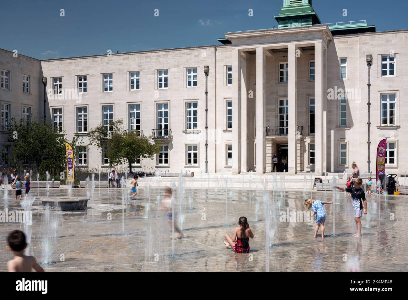 Mid view towards Town Hall showing fountains. Fellowship Square, London ...