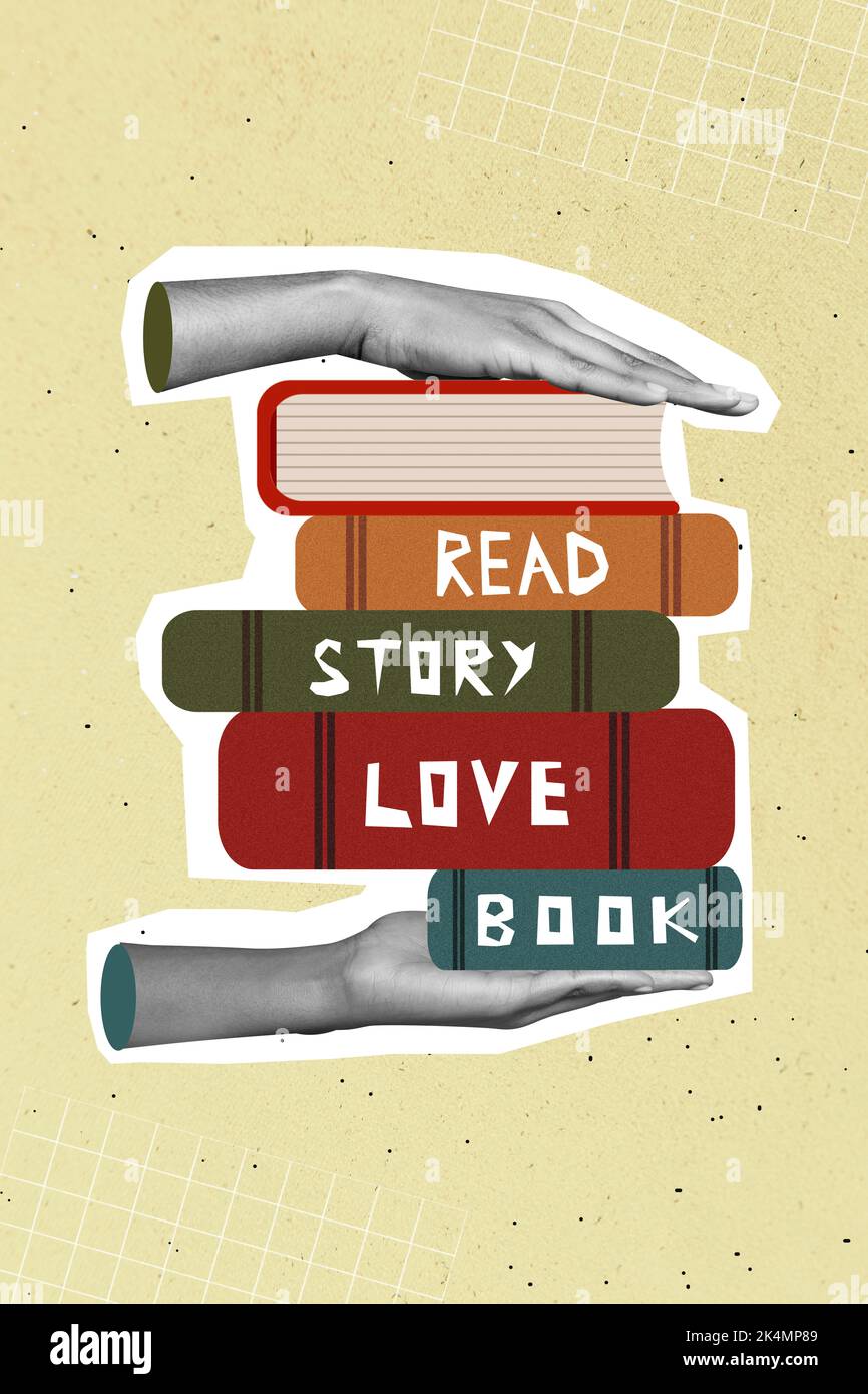 Creative poster collage of hands holding book pile stack read story ...