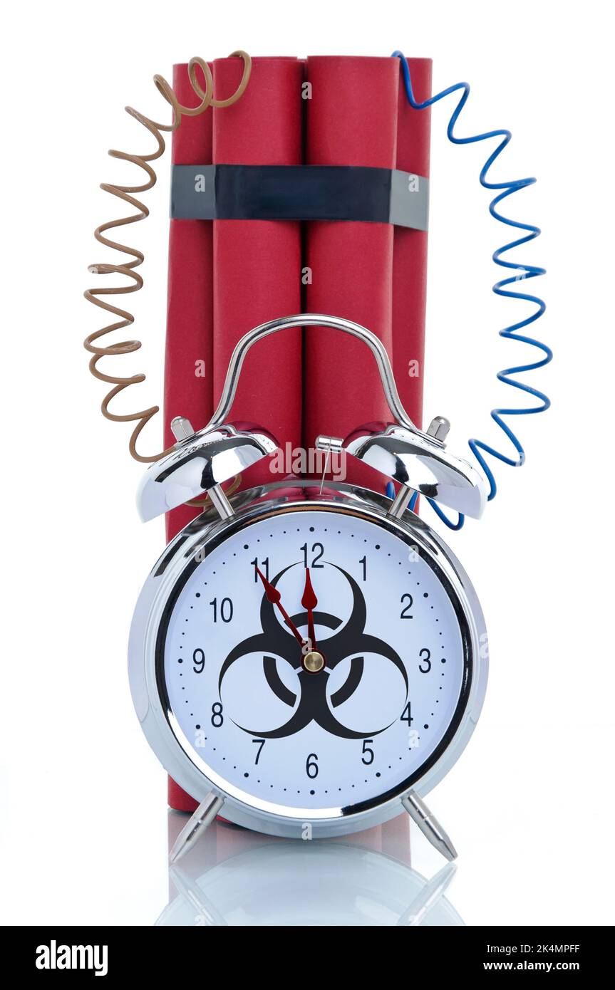 Time bomb, alarm clock with biohazard sign and dynamite sticks ...