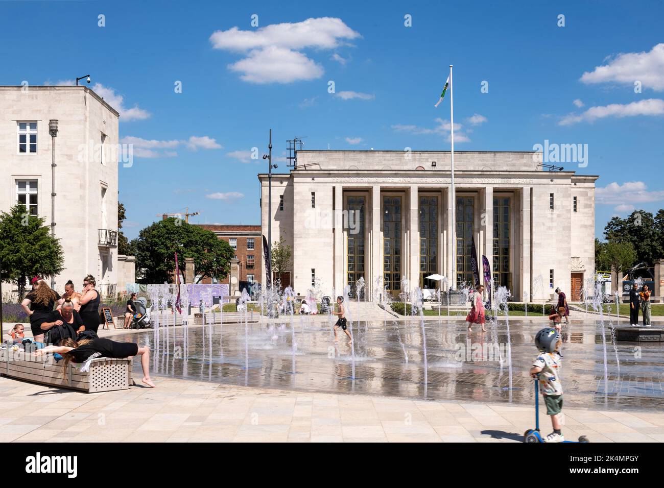 Wide view across fountains. Fellowship Square, London, United Kingdom ...