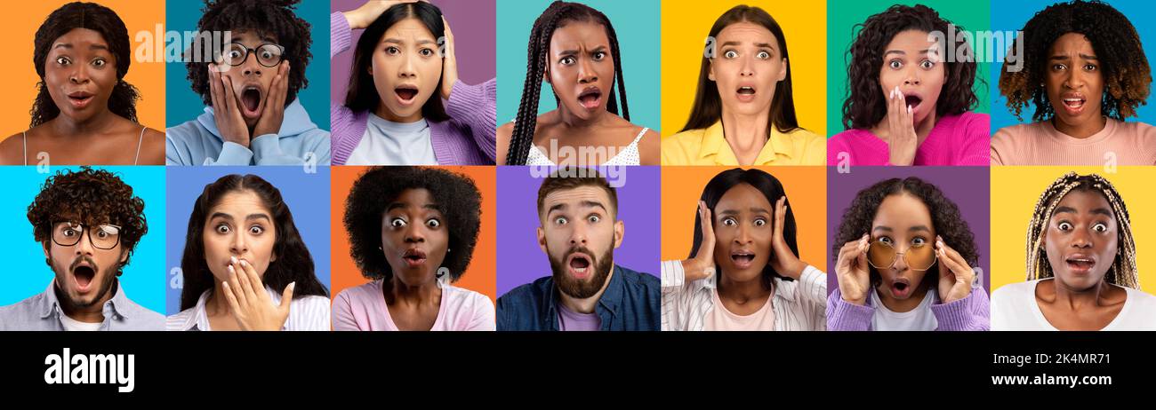 Shocked multiracial millennial people, collection of photos Stock Photo ...