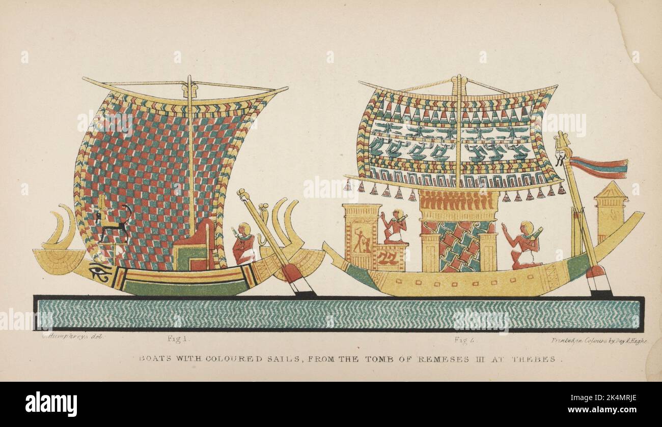 Boats with coloured sails, from the Tomb of Remeses III at Thebes ...