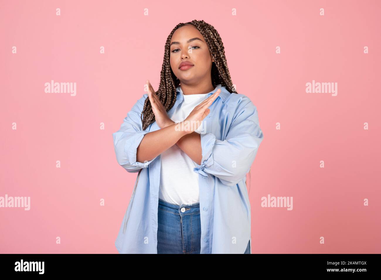 African American Obese Woman Crossing Hands In Disapproval, Pink ...