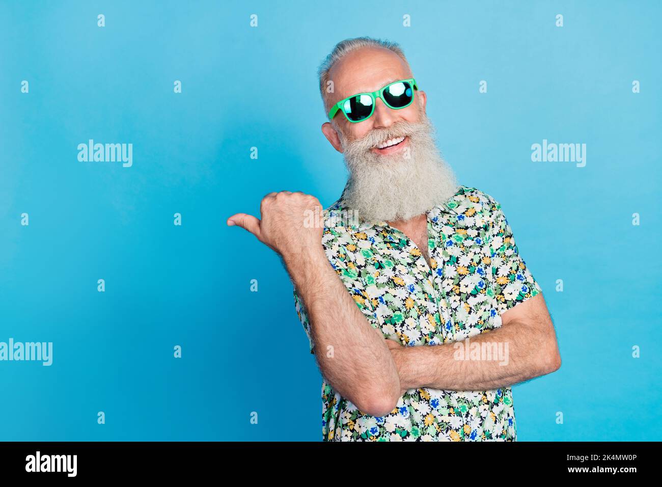 Closeup photo of old gray mustache bearded positive smile finger point ...