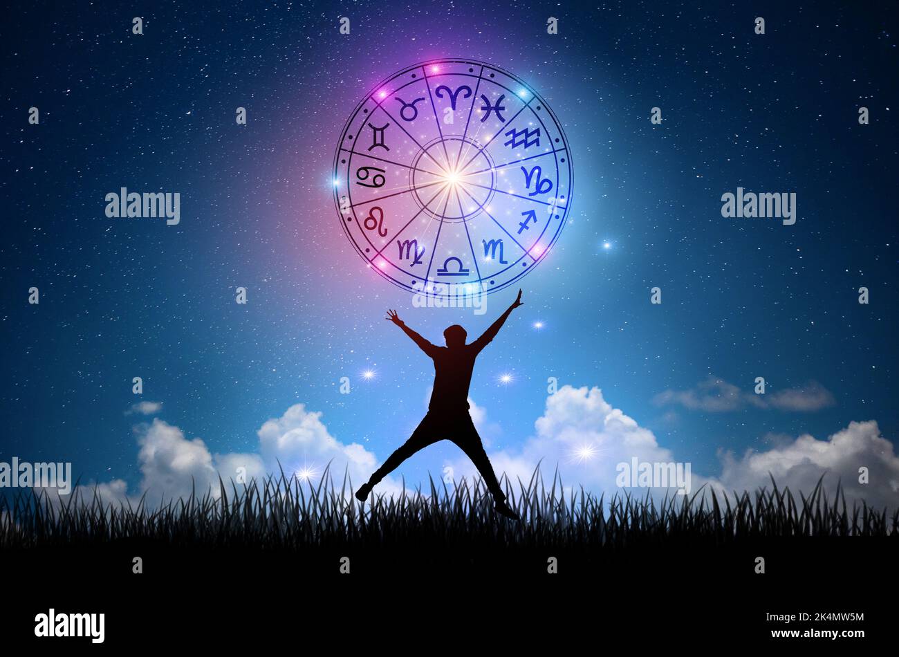 Zodiac signs inside of horoscope circle. Astrology in the sky with many ...