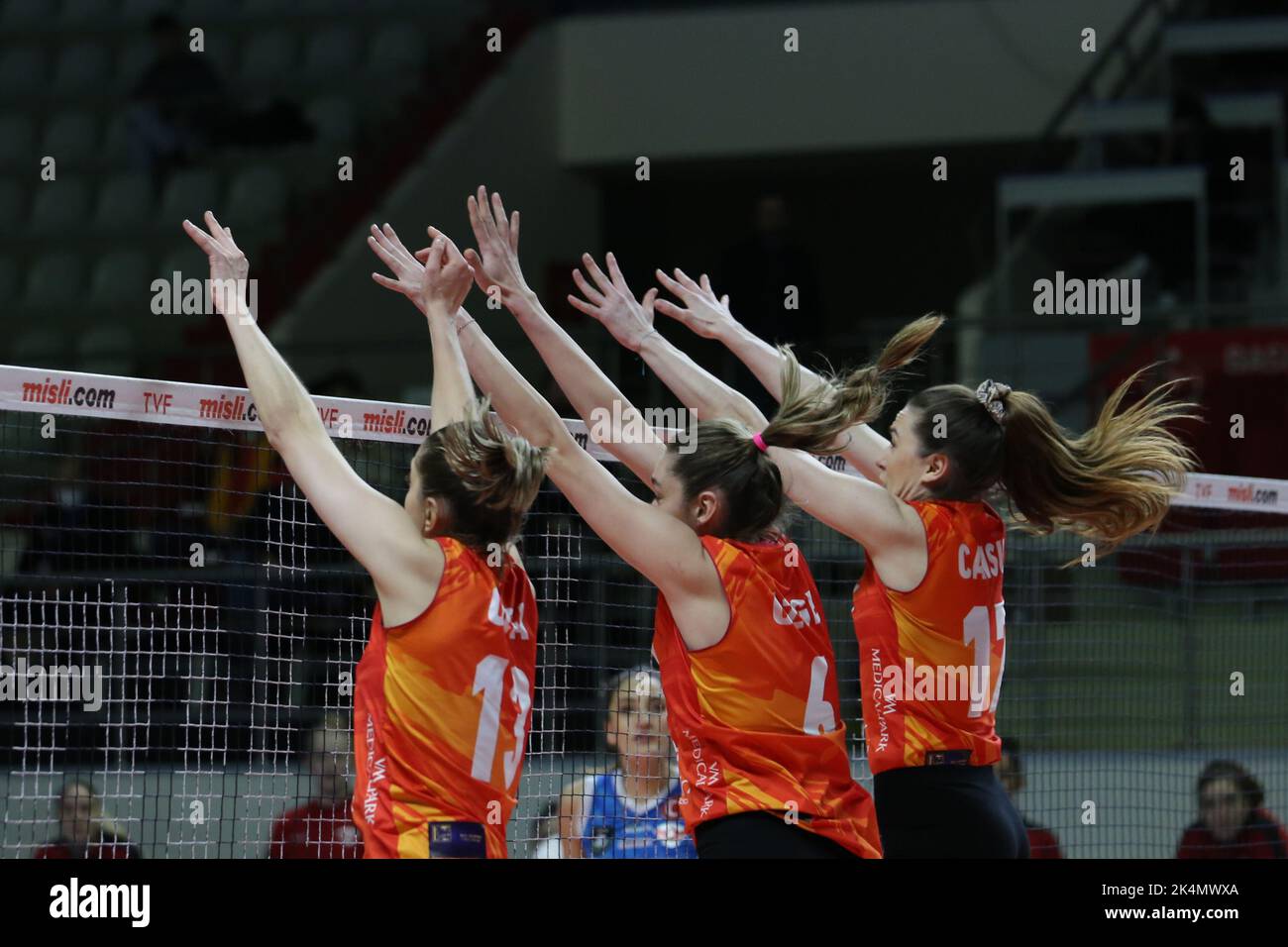 ISTANBUL, TURKEY - MARCH 20, 2022: Olga Biryukova and Ozge Nur Cetiner in action during Turk ...