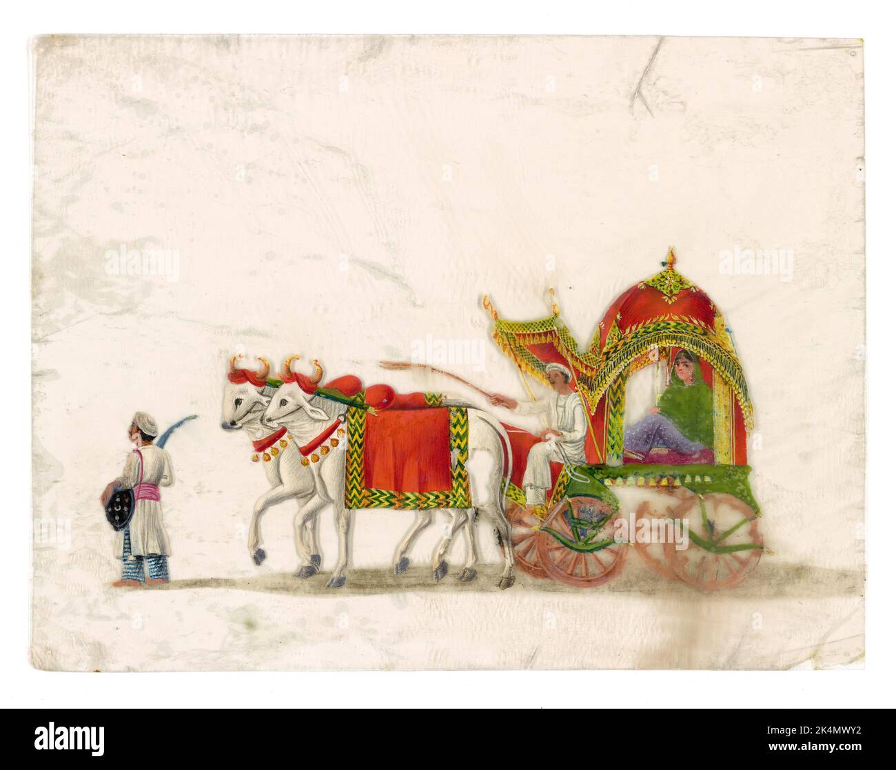 2 white oxen in red coverings drawing green carriage with driver ...