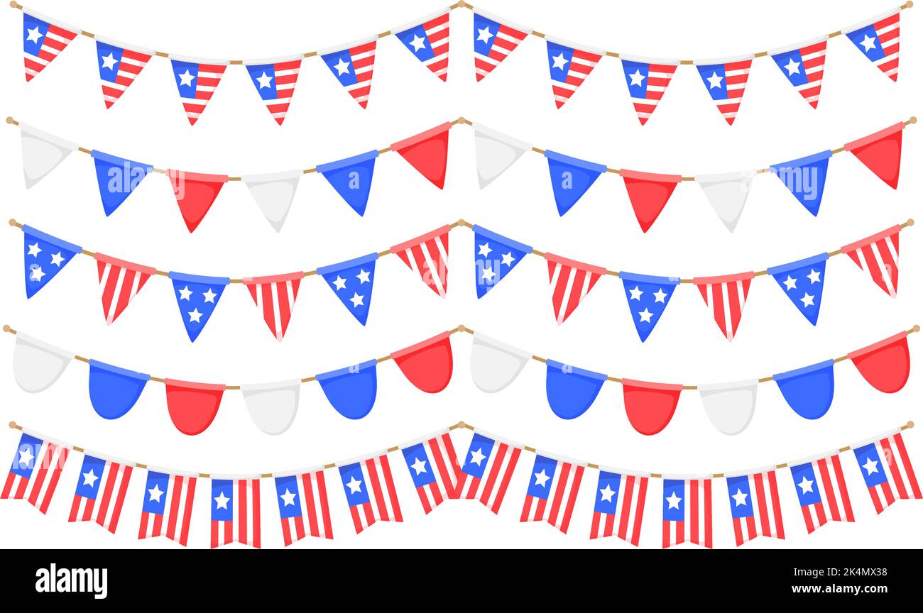 USA flag garlands set. US patriotic pennants chains collection ...
