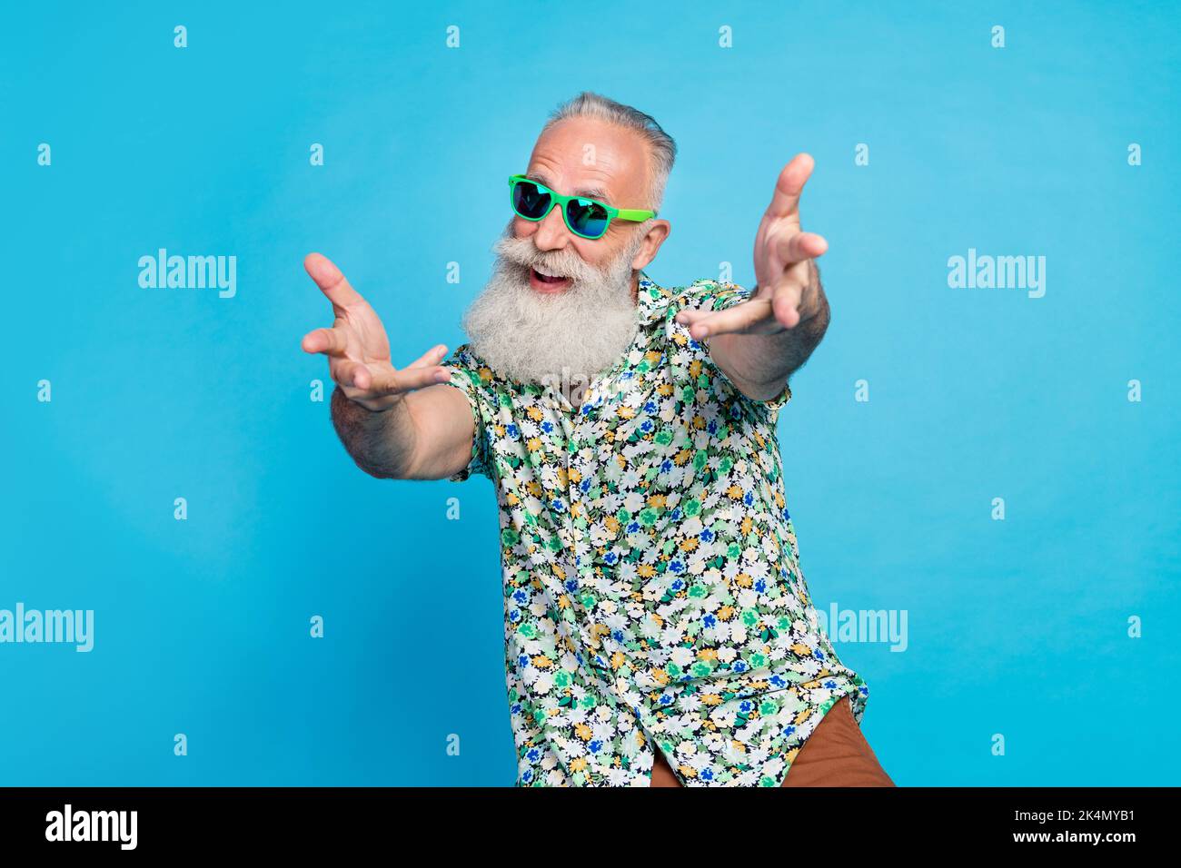 Closeup photo of old aged senior excited wear tropical shirt summer ...