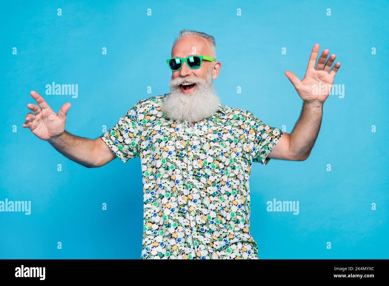 Closeup photo of old aged gray bearded grandfather excited celebrate ...